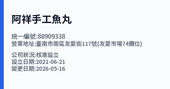 阿祥手工魚丸的照片-統編 88909338(臺南市) 公司登記資料與營業項目詳細圖表