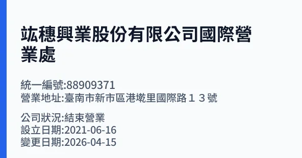 竑穗興業股份有限公司國際營業處的照片-統編 88909371(臺南市) 公司登記資料與營業項目詳細圖表