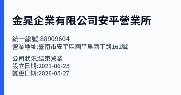 金晁企業有限公司安平營業所的照片-統編 88909604(臺南市) 公司登記資料與營業項目詳細圖表