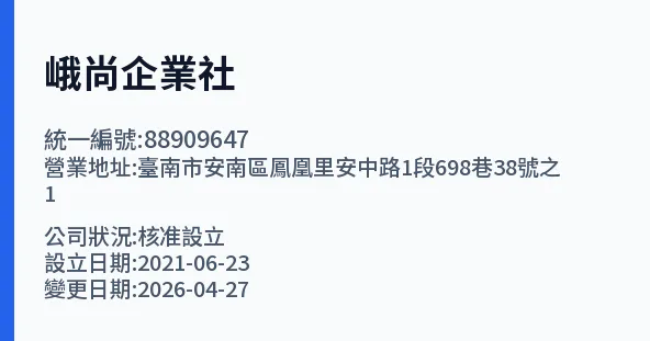 峨尚企業社的照片-統編 88909647(臺南市) 公司登記資料與營業項目詳細圖表
