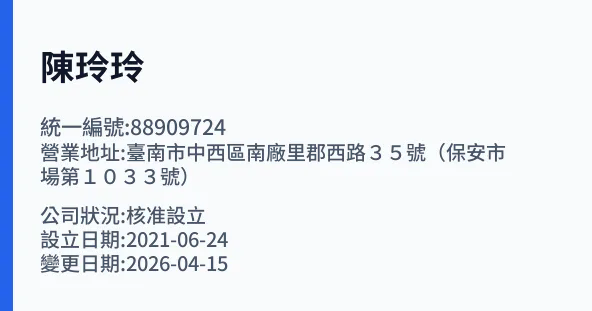 陳玲玲的照片-統編 88909724(臺南市) 公司登記資料與營業項目詳細圖表