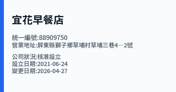 宜花早餐店的照片-統編 88909750(屏東縣) 公司登記資料與營業項目詳細圖表