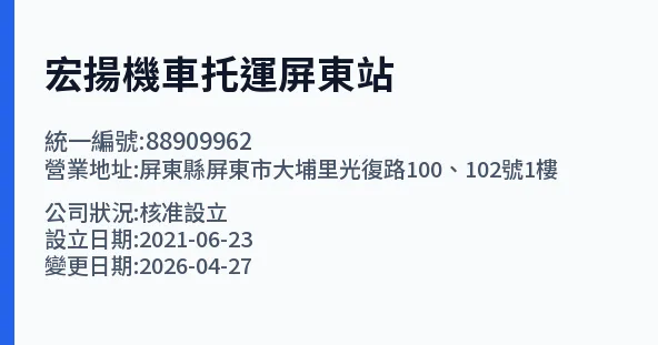 宏揚機車托運屏東站的照片-統編 88909962(屏東縣) 公司登記資料與營業項目詳細圖表