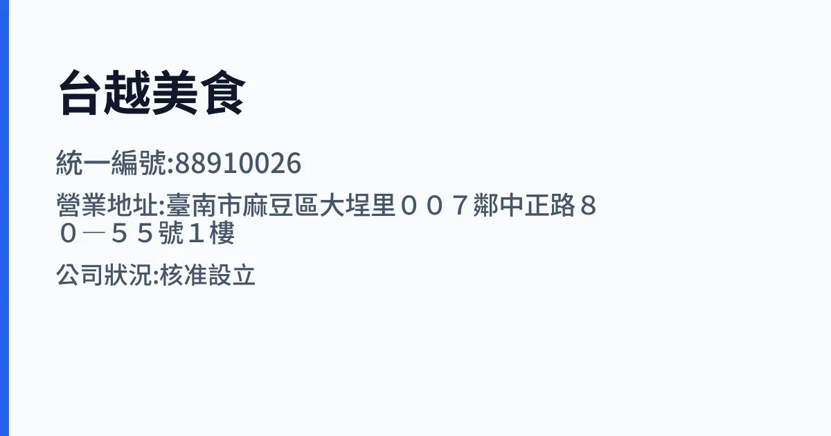 台越美食 - 統編 88910026(臺南市) 公司登記資料與營業項目詳細圖表