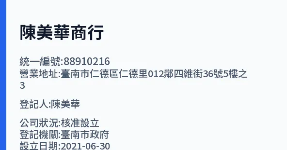 陳美華商行的照片-統編 88910216(臺南市) 公司登記資料與營業項目詳細圖表