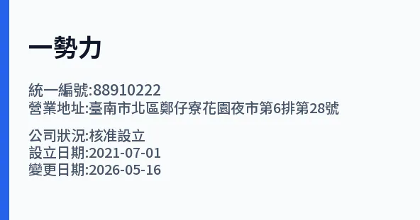 一勢力的照片-統編 88910222(臺南市) 公司登記資料與營業項目詳細圖表