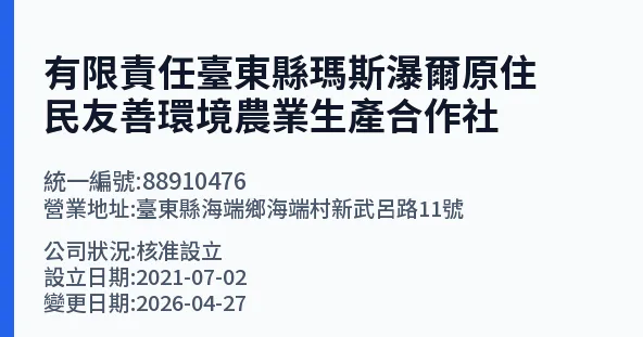 有限責任臺東縣瑪斯瀑爾原住民友善環境農業生產合作社的照片-統編 88910476(臺東縣) 公司登記資料與營業項目詳細圖表