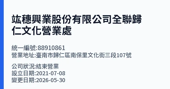 竑穗興業股份有限公司全聯歸仁文化營業處的照片-統編 88910861(臺南市) 公司登記資料與營業項目詳細圖表