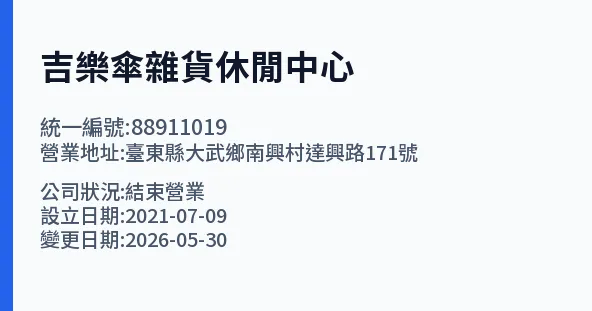 吉樂傘雜貨休閒中心的照片-統編 88911019(臺東縣) 公司登記資料與營業項目詳細圖表