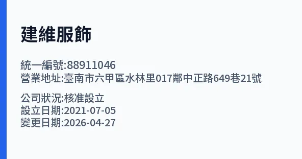 建維服飾的照片-統編 88911046(臺南市) 公司登記資料與營業項目詳細圖表