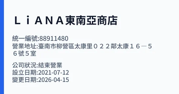 ＬｉＡＮＡ東南亞商店的照片-統編 88911480(臺南市) 公司登記資料與營業項目詳細圖表