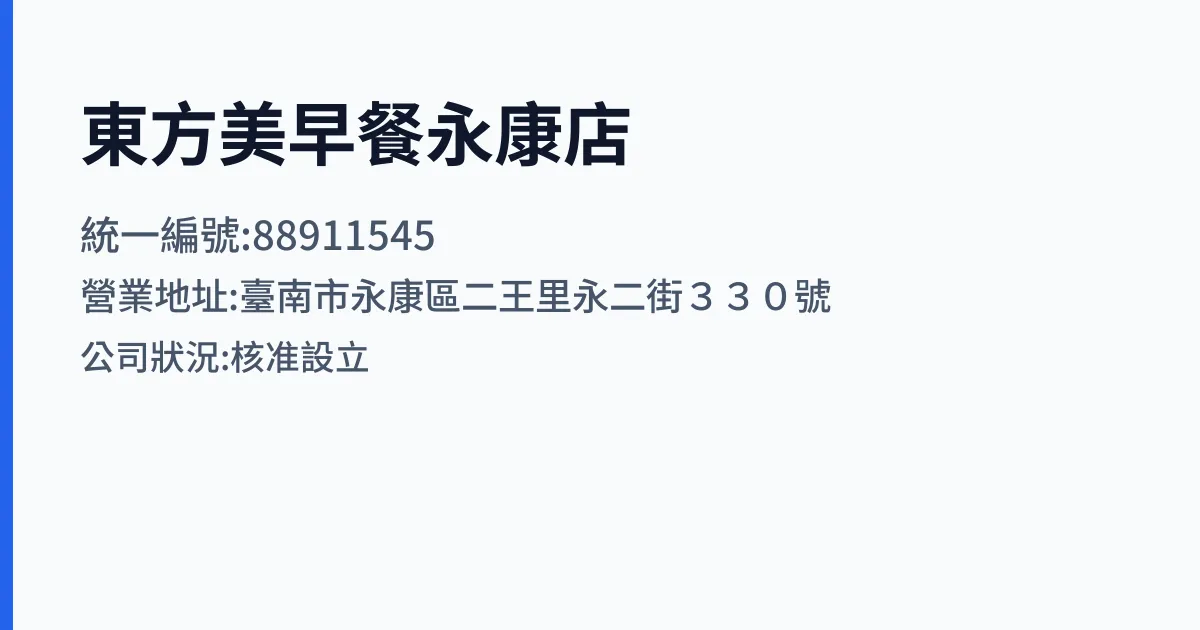 東方美早餐永康店 - 統編 88911545(臺南市) 公司登記資料與營業項目詳細圖表