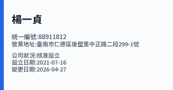 楊一貞的照片-統編 88911812(臺南市) 公司登記資料與營業項目詳細圖表