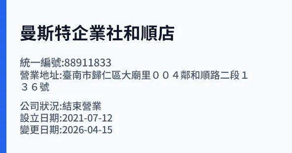 曼斯特企業社和順店的照片-統編 88911833(臺南市) 公司登記資料與營業項目詳細圖表