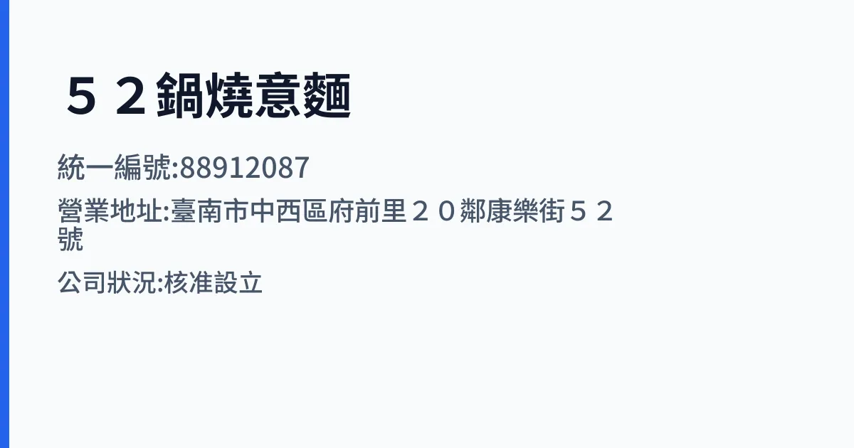 52鍋燒意麵 - 統編 88912087(臺南市) 公司登記資料與營業項目詳細圖表