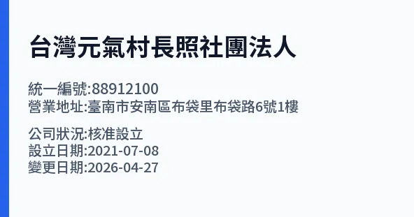 台灣元氣村長照社團法人的照片-統編 88912100(臺南市) 公司登記資料與營業項目詳細圖表