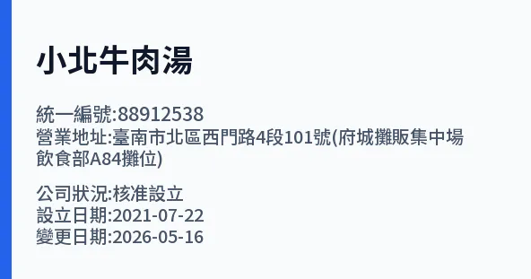 小北牛肉湯的照片-統編 88912538(臺南市) 公司登記資料與營業項目詳細圖表