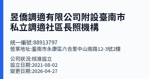 昱僑調適有限公司附設臺南巿私立調適社區長照機構的照片-統編 88913797(臺南市) 公司登記資料與營業項目詳細圖表