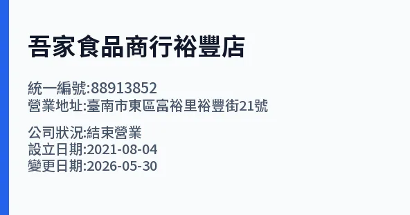 吾家食品商行裕豐店的照片-統編 88913852(臺南市) 公司登記資料與營業項目詳細圖表