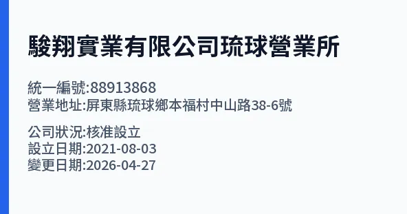 駿翔實業有限公司琉球營業所的照片-統編 88913868(屏東縣) 公司登記資料與營業項目詳細圖表