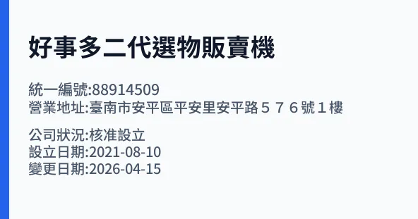 好事多二代選物販賣機的照片-統編 88914509(臺南市) 公司登記資料與營業項目詳細圖表