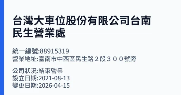 台灣大車位股份有限公司台南民生營業處的照片-統編 88915319(臺南市) 公司登記資料與營業項目詳細圖表