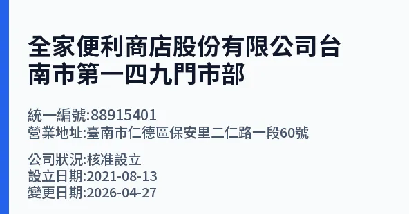 全家便利商店股份有限公司台南市第一四九門市部的照片-統編 88915401(臺南市) 公司登記資料與營業項目詳細圖表