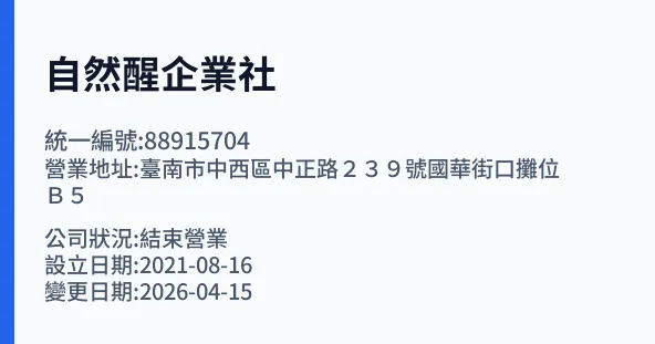自然醒企業社的照片-統編 88915704(臺南市) 公司登記資料與營業項目詳細圖表
