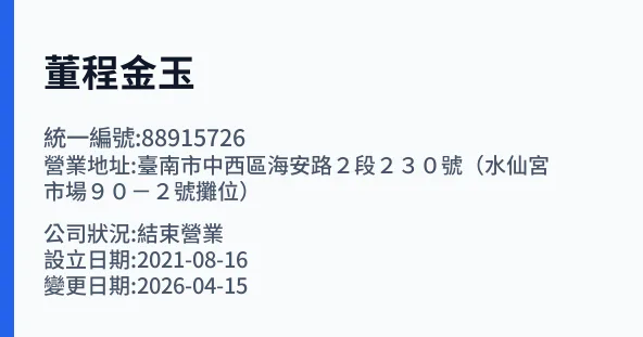 董程金玉的照片-統編 88915726(臺南市) 公司登記資料與營業項目詳細圖表