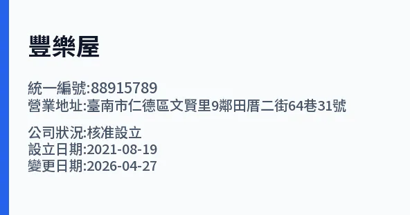 豐樂屋的照片-統編 88915789(臺南市) 公司登記資料與營業項目詳細圖表