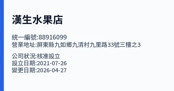 漢生水果店的照片-統編 88916099(屏東縣) 公司登記資料與營業項目詳細圖表