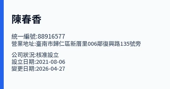 陳春香的照片-統編 88916577(臺南市) 公司登記資料與營業項目詳細圖表