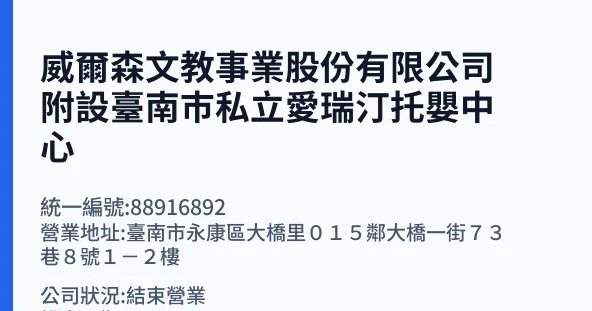 威爾森文教事業股份有限公司附設臺南巿私立愛瑞汀托嬰中心的照片-統編 88916892(臺南市) 公司登記資料與營業項目詳細圖表