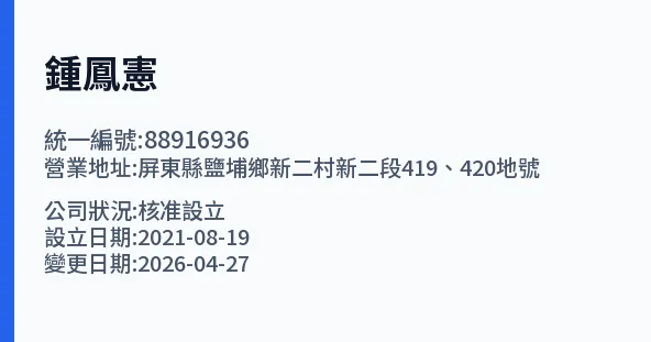 鍾鳳憲的照片-統編 88916936(屏東縣) 公司登記資料與營業項目詳細圖表