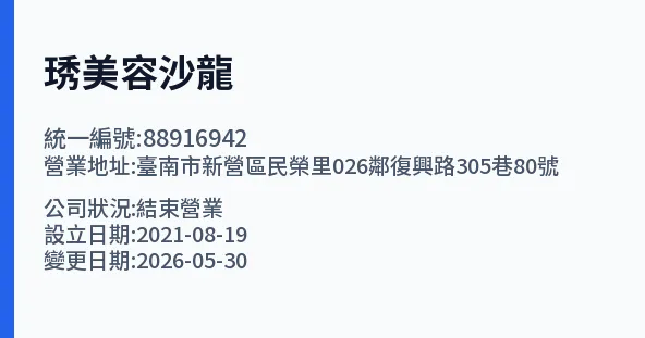 琇美容沙龍的照片-統編 88916942(臺南市) 公司登記資料與營業項目詳細圖表