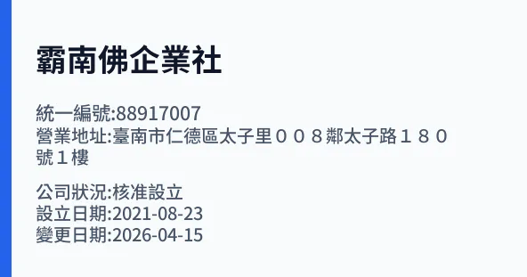 霸南佛企業社的照片-統編 88917007(臺南市) 公司登記資料與營業項目詳細圖表