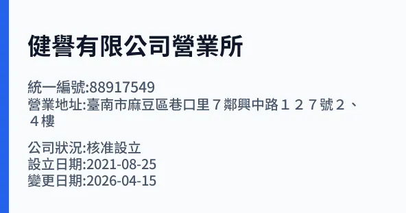 健譽有限公司營業所的照片-統編 88917549(臺南市) 公司登記資料與營業項目詳細圖表