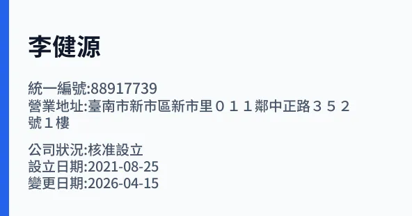 李健源的照片-統編 88917739(臺南市) 公司登記資料與營業項目詳細圖表