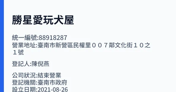 勝星愛玩犬屋的照片-統編 88918287(臺南市) 公司登記資料與營業項目詳細圖表
