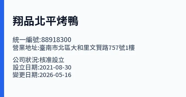 翔品北平烤鴨的照片-統編 88918300(臺南市) 公司登記資料與營業項目詳細圖表