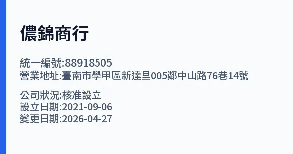 儂錦商行的照片-統編 88918505(臺南市) 公司登記資料與營業項目詳細圖表