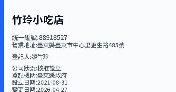竹玲小吃店的照片-統編 88918527(臺東縣) 公司登記資料與營業項目詳細圖表