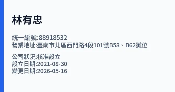 林有忠的照片-統編 88918532(臺南市) 公司登記資料與營業項目詳細圖表