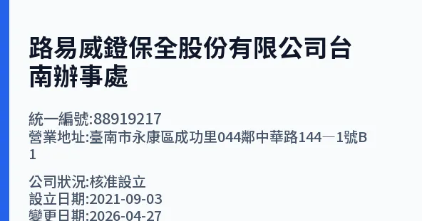 路易威鐙保全股份有限公司台南辦事處的照片-統編 88919217(臺南市) 公司登記資料與營業項目詳細圖表