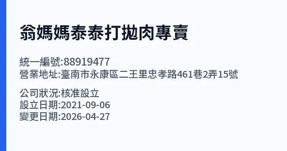 翁媽媽泰泰打拋肉專賣的照片-統編 88919477(臺南市) 公司登記資料與營業項目詳細圖表