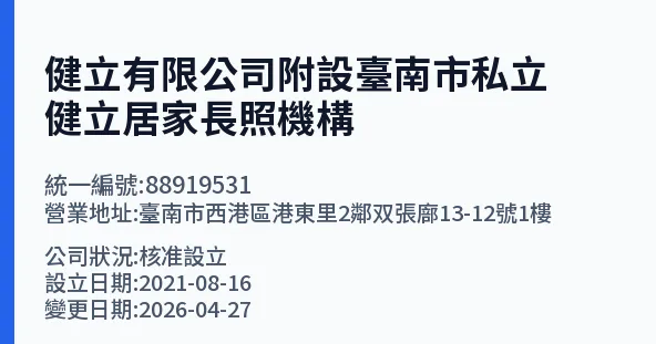健立有限公司附設臺南市私立健立居家長照機構的照片-統編 88919531(臺南市) 公司登記資料與營業項目詳細圖表