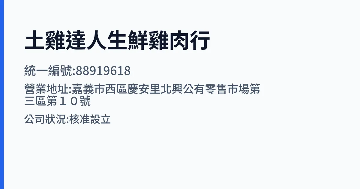 土雞達人生鮮雞肉行 - 統編 88919618（嘉義市） 公司登記資料與營業項目詳細圖表