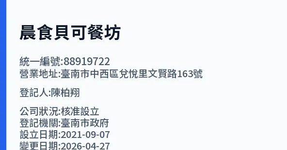 晨食貝可餐坊的照片-統編 88919722(臺南市) 公司登記資料與營業項目詳細圖表