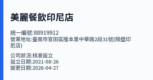 美麗餐飲印尼店的照片-統編 88919912(臺南市) 公司登記資料與營業項目詳細圖表