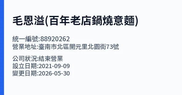 毛恩溢(百年老店鍋燒意麵)的照片-統編 88920262(臺南市) 公司登記資料與營業項目詳細圖表